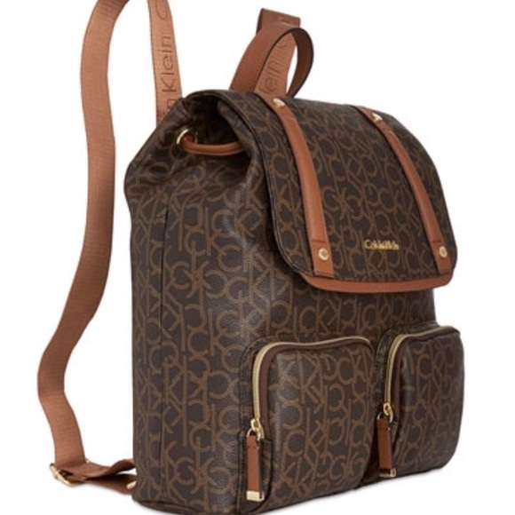 Calvin Klein | Bags | Brown Monogrammed Calvin Klein Leather Backpack ...